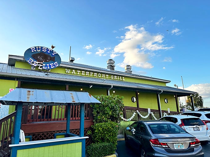 Rusty Bellies' lime-green exterior is like a beacon for seafood lovers – bright, bold, and promising something extraordinary inside.