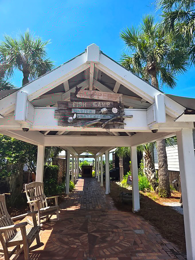 Skipper's Fish Camp's entrance feels like walking into a maritime storybook. The brick pathway leads to seafood treasures.
