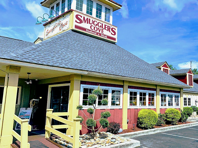 Smuggler's Cove's bright yellow and coral colors make you think of Caribbean beach shacks in the mountains.