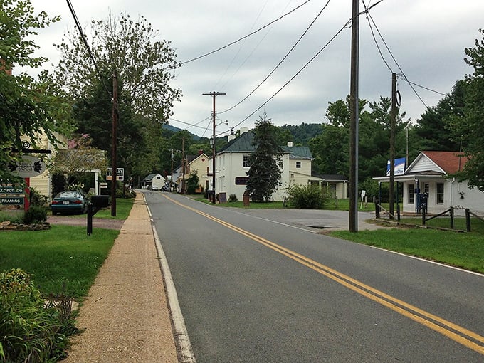 Sperryville's main road: where the double yellow lines lead to nowhere and everywhere at once—small-town America at its unfiltered best.