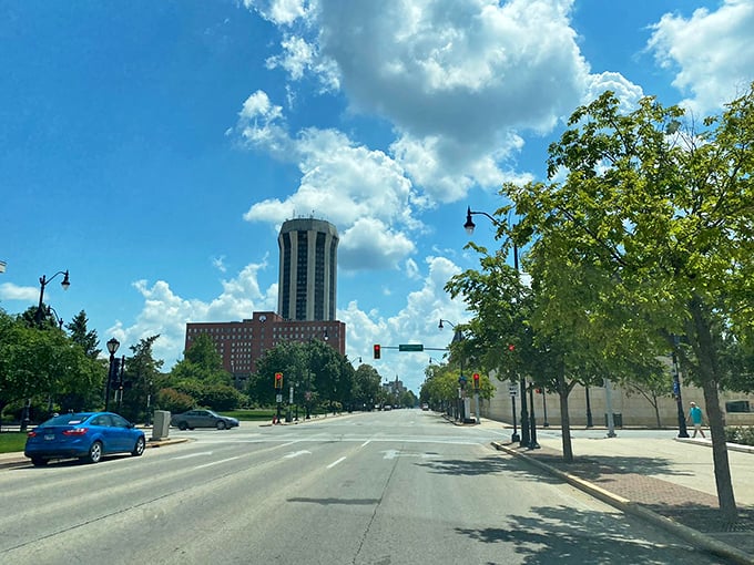 Downtown Springfield welcomes budget-conscious travelers with its distinctive tower standing tall against a perfect Illinois sky.