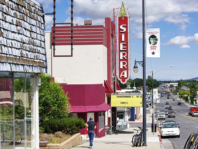 The Sierra's vintage marquee glows like a ruby against Susanville's sky—Hollywood glamour in mountain country!