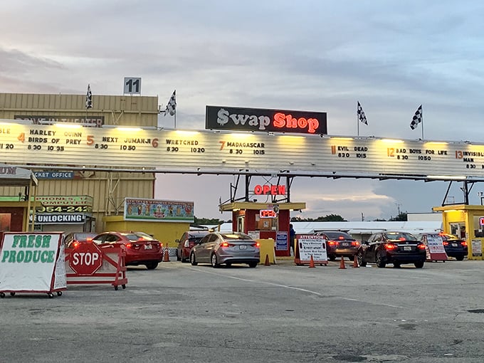 From blockbusters to bargains! The Swap Shop's iconic movie marquee welcomes shoppers to this unique flea market/drive-in combo.