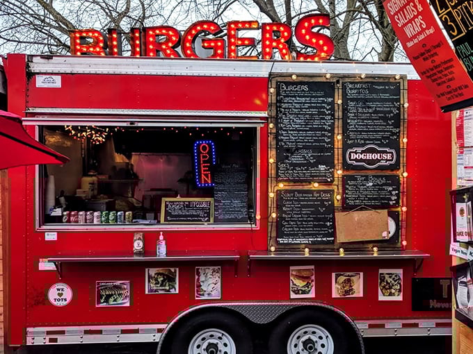 This fire-engine red food truck brings gourmet creativity to street corners, turning simple hot dogs into culinary adventures.
