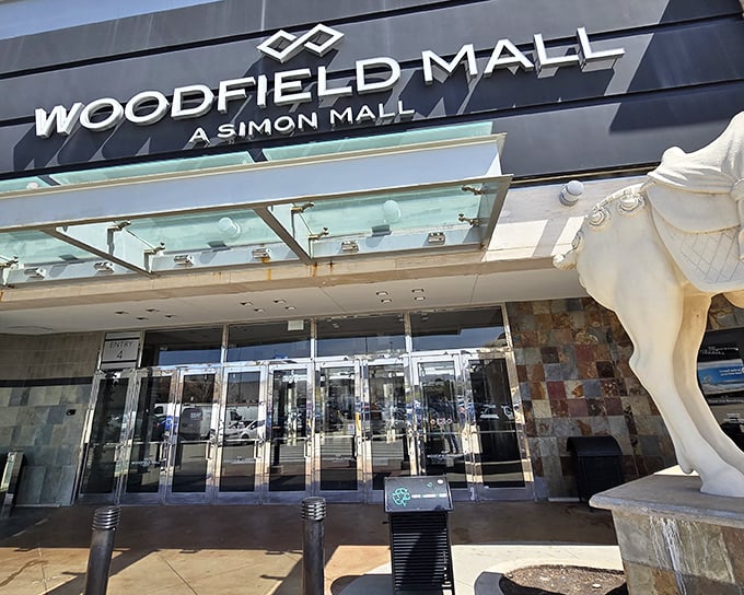 Woodfield Mall's grand entrance features elegant details that set the stage for a truly memorable shopping experience.