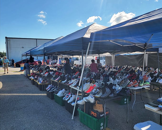 Sneaker heaven! Enough footwear choices to make Imelda Marcos jealous, all displayed under the Maryland sun.