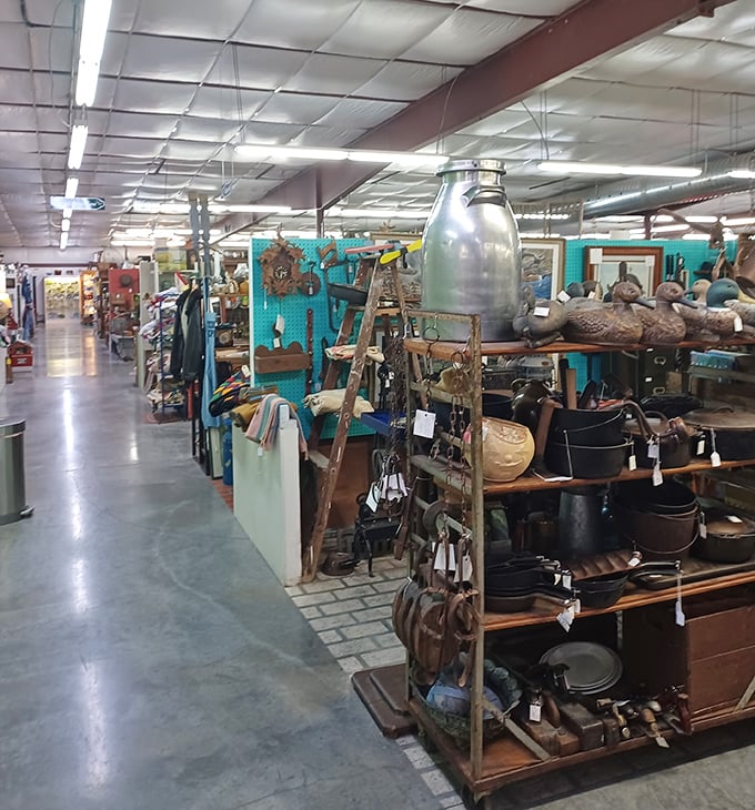Cast iron skillets and vintage tools create a museum of American ingenuity where every piece tells a working story.