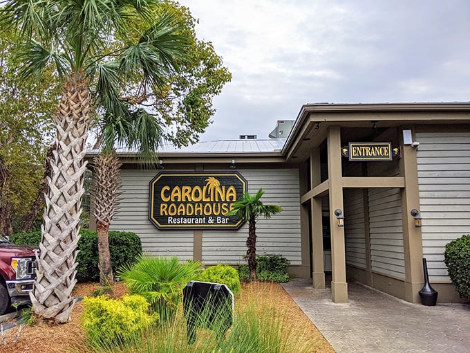 Palm trees and a friendly entrance create that relaxed coastal vibe where exceptional steaks meet easygoing charm every single night.
