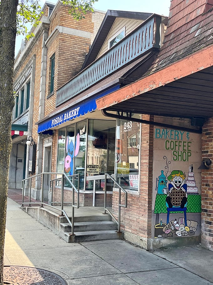 Blue awnings and brick walls house generations of Norwegian-inspired donut traditions in downtown Stoughton.