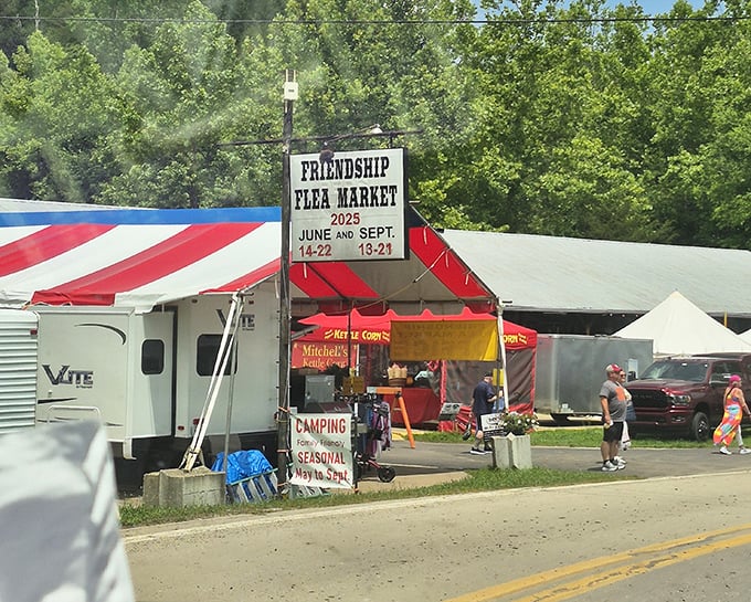 Seasonal magic at Friendship Flea Market, where camping meets commerce under Indiana's summer skies.