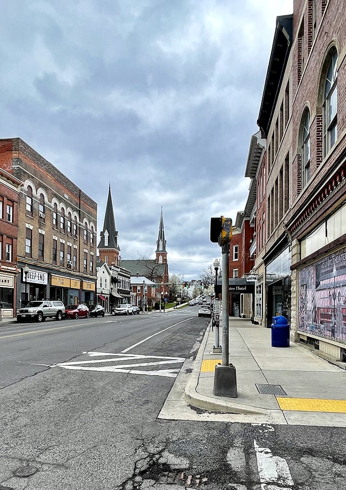 Frostburg’s Main Street captures classic Americana, where towering church steeples and brick facades line a hillside street full of small-town character.