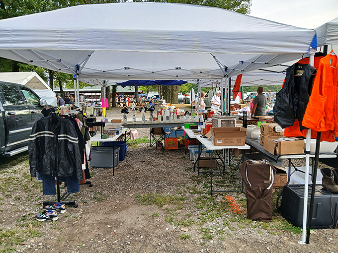 White tents create the perfect outdoor shopping village where bargain hunters gather for weekend treasure adventures.