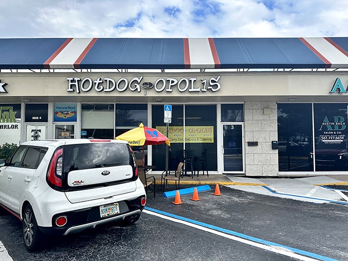 The modern storefront hides a world of creative hot dog combinations that would make any food lover smile.