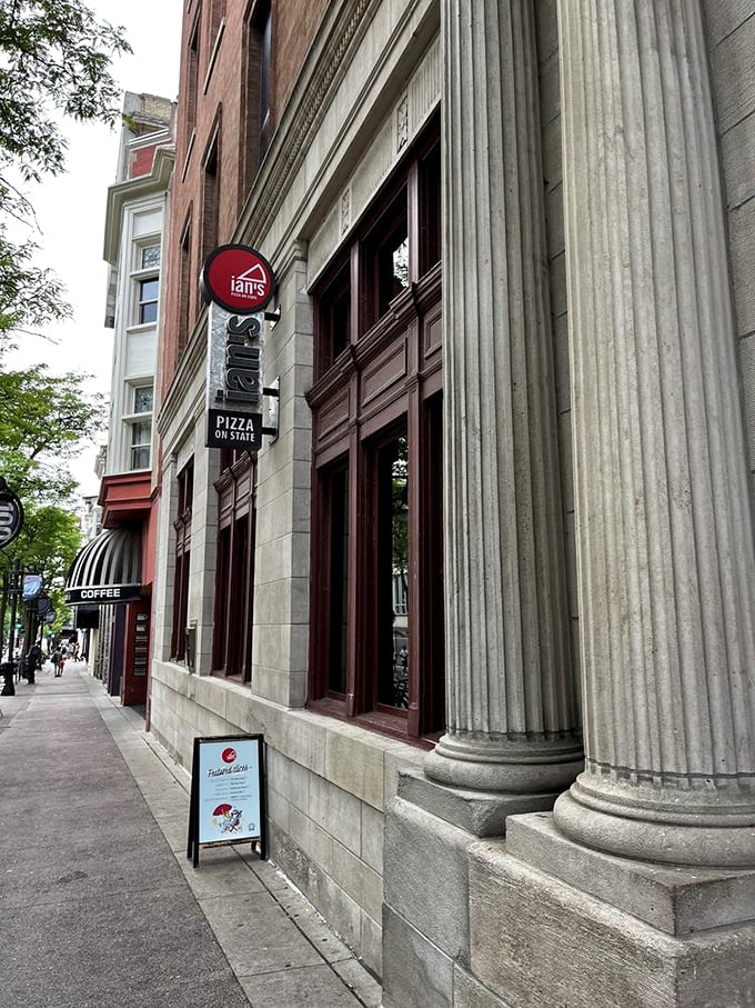 Classic columns frame modern pizza innovation in Wisconsin's most creative college town.