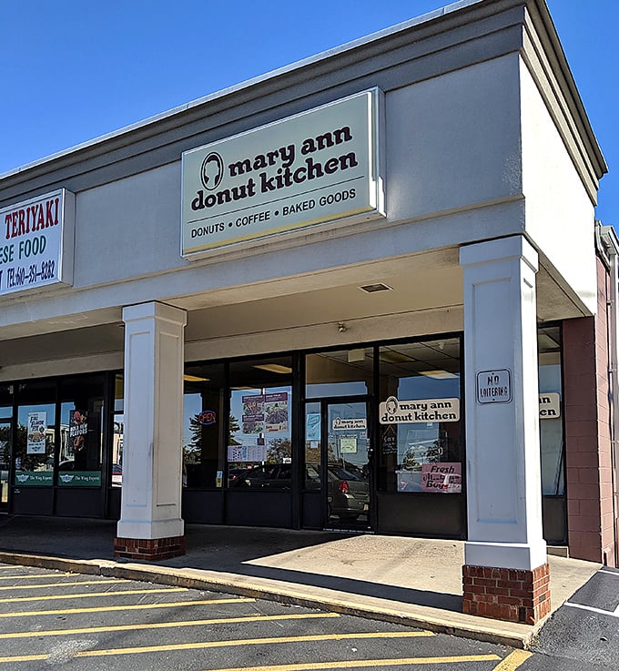 Clean lines and classic design suggest serious donut business happens behind those windows daily.