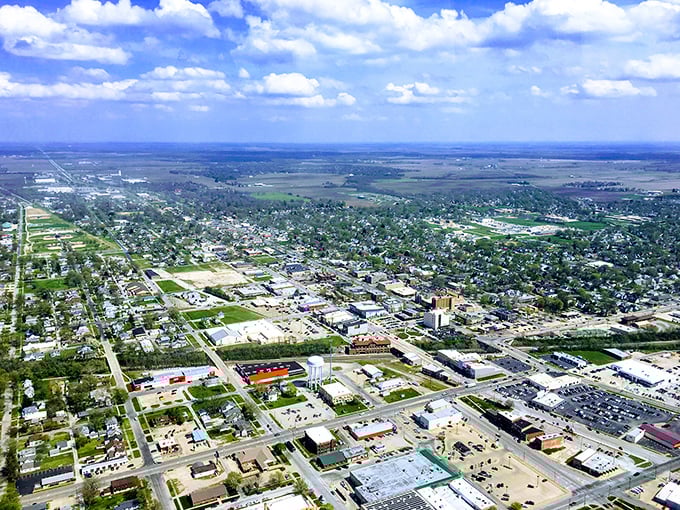 A bird's-eye view of Mattoon reveals its perfect grid layout surrounded by the vast Illinois prairie, showing how this small city carved its place in the heartland.