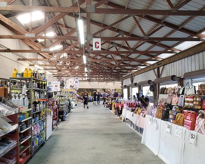 Organized displays showcase everything from handbags to home goods in this shopper's indoor paradise.