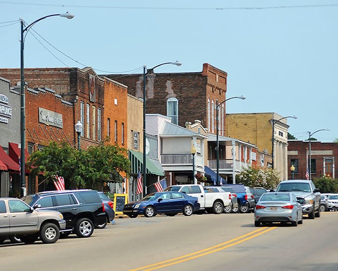 Rainbow-colored storefronts line New Albany's streets where patriotic flags wave over wallet-friendly shopping adventures.