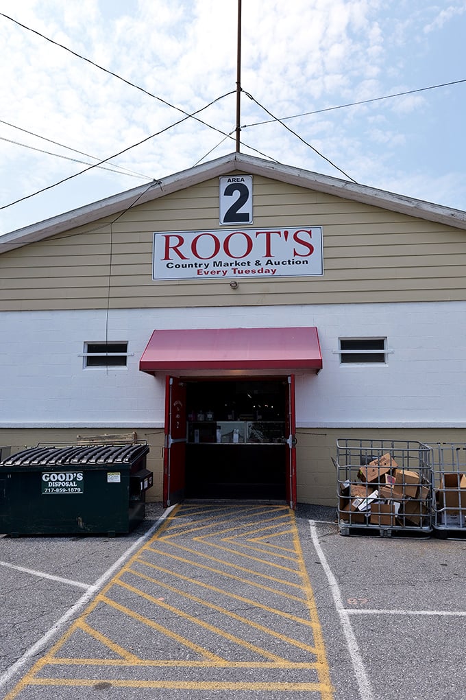 Roots Market's distinctive entrance welcomes bargain hunters to one of Pennsylvania's most beloved Tuesday traditions.