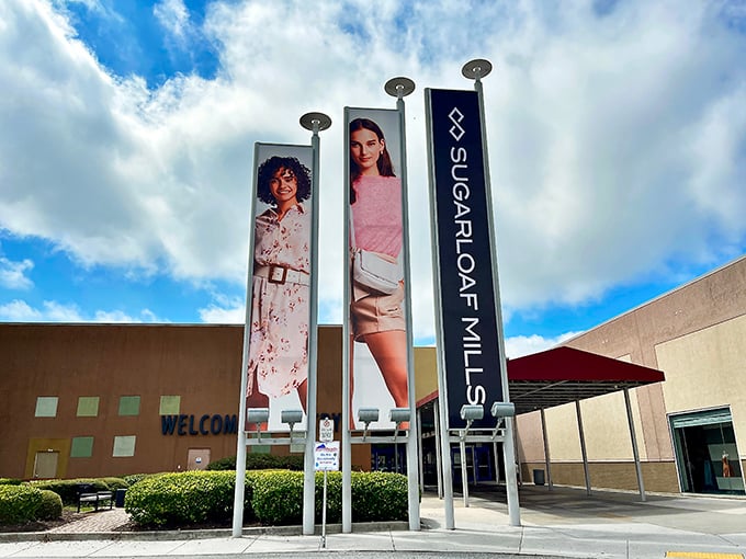 Welcome banners and towering displays hint at the shopping marathon waiting inside this retail wonderland.