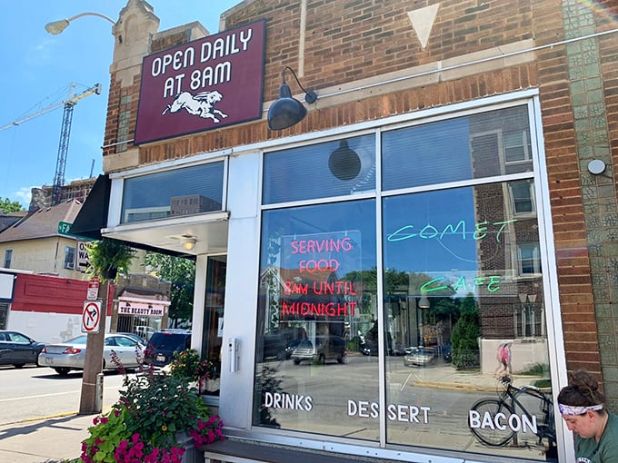 Morning, noon, or midnight—the Comet Cafe's storefront promises breakfast whenever you need it. Those plants outside are just waiting for you.