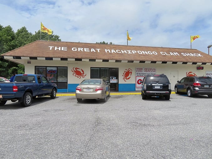 Those painted crabs on the wall aren't just decoration—they're a promise of Eastern Shore seafood magic happening inside this humble building.