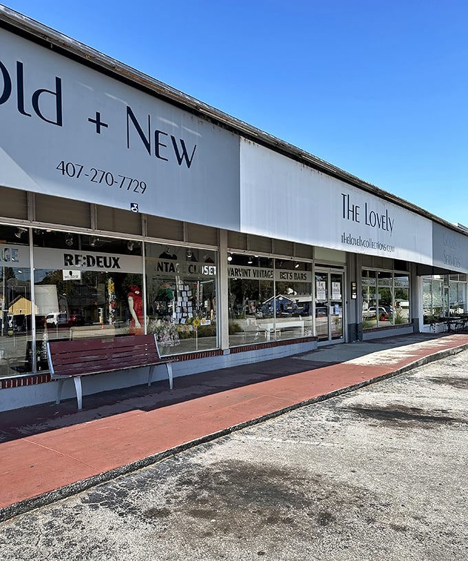 A welcoming bench invites shoppers to pause outside The Lovely. This isn't rush-in, rush-out shopping—it's an experience to be savored.