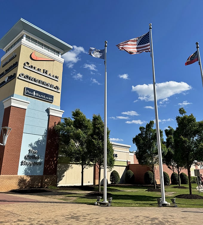 Those flags wave proudly over a shopping paradise where patriotic bargain hunters can exercise their constitutional right to save money.