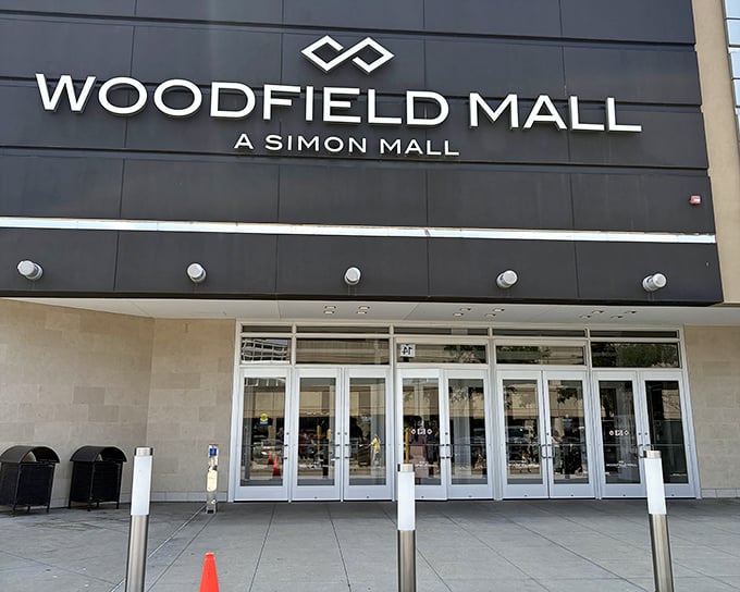 The sleek Woodfield Mall signage represents decades of shopping excellence in the heart of Schaumburg.