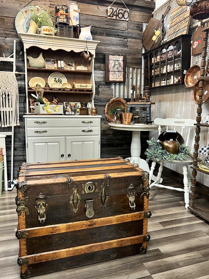 A perfectly staged vignette that whispers, "Your home could look this charmingly rustic too." That trunk has definitely seen things.