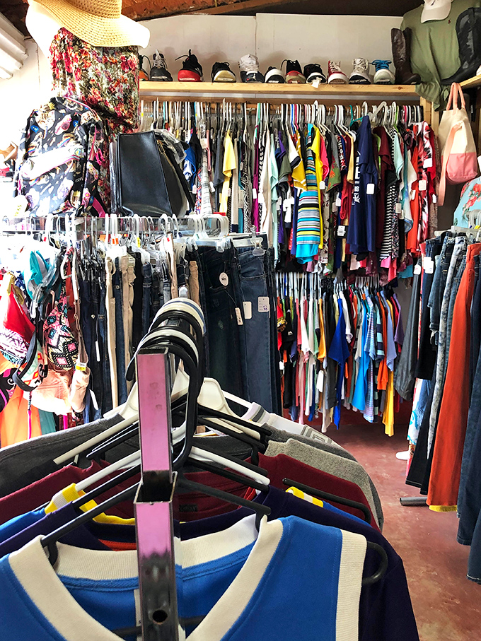 Fashion archaeology at its finest—dig through these colorful layers of clothing history and you might unearth that perfect vintage tee or summer dress.
