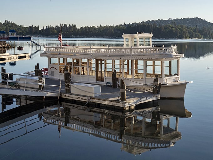 The Arrowhead Queen paddlewheel boat sits majestically at dawn. Mark Twain would approve of this Mississippi-meets-mountains vessel.