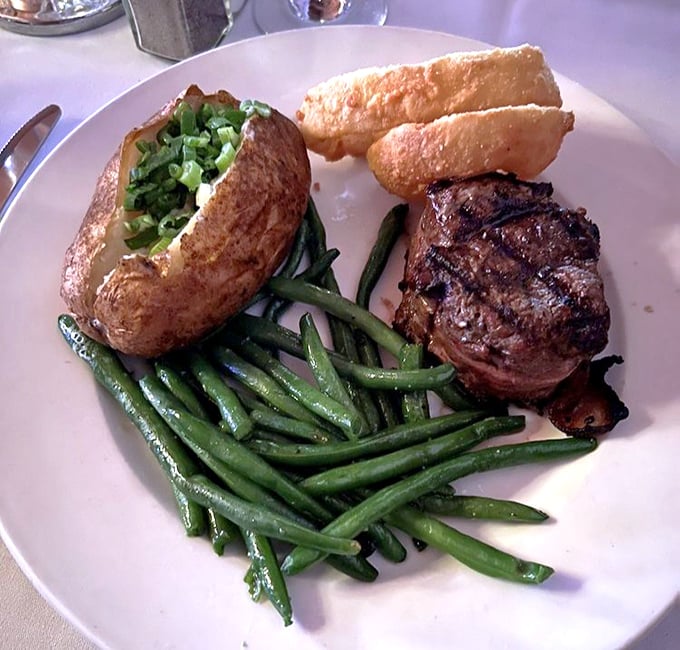 The bacon-wrapped filet is like getting two presents in one package—meat wrapped in meat, the ultimate gift to yourself.