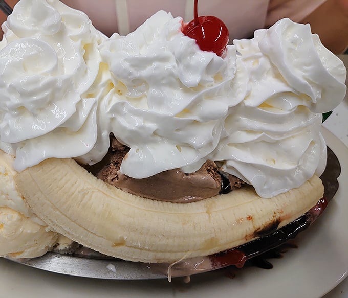 The banana split at Val's doesn't just satisfy a sweet tooth—it throws a party for it. Ice cream, whipped cream, and banana in perfect harmony.