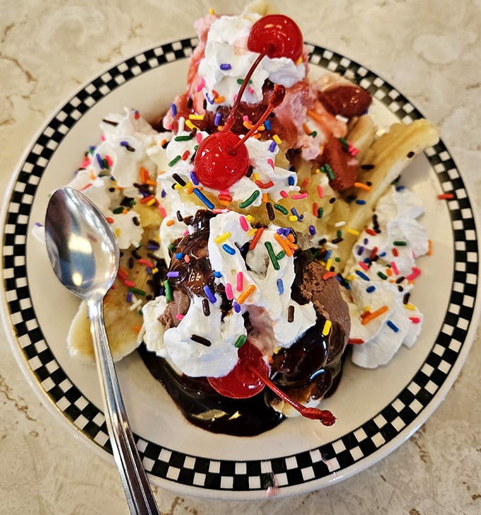 Not just a sundae, but a celebration – where sprinkles, whipped cream, and cherries throw the party of the century.