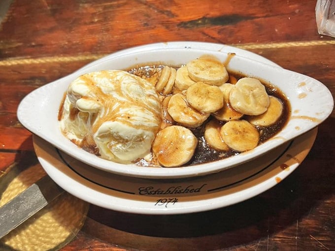 Bananas Foster with vanilla ice cream – proof that sometimes the old classics stick around because they're simply unbeatable. Sweet, boozy perfection.