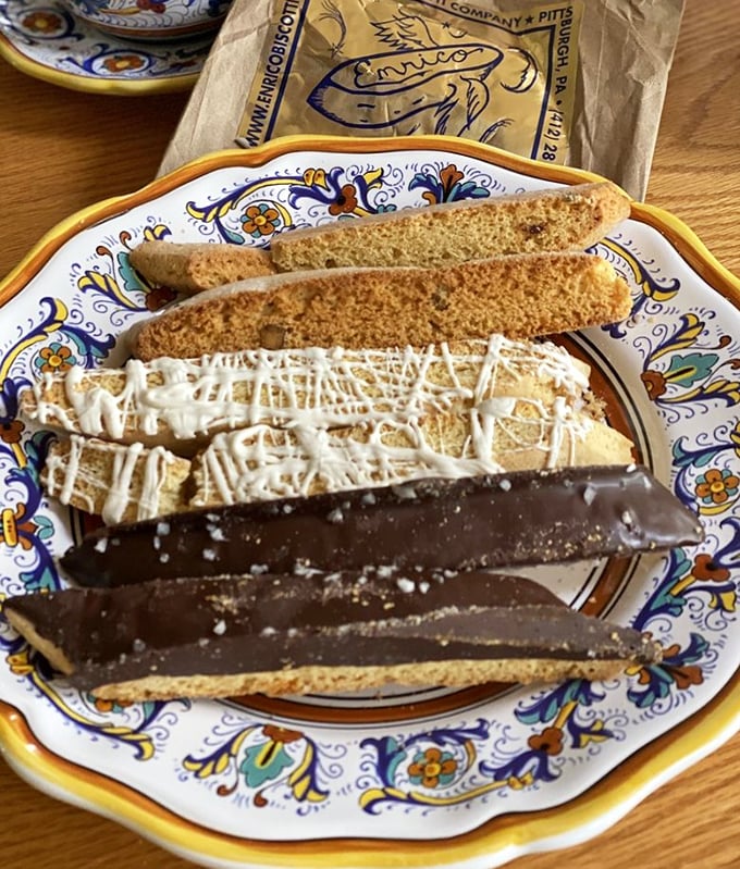 Biscotti that would make Michelangelo weep—some plain, some chocolate-dipped, all destined for your coffee cup or straight to your mouth.