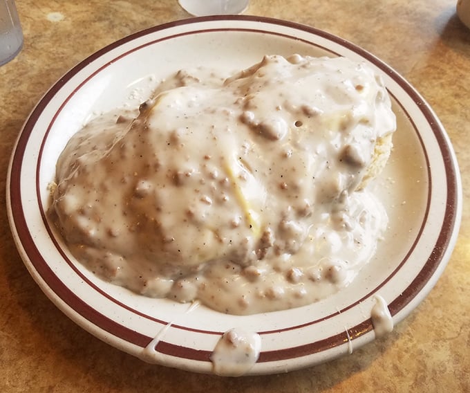 Biscuits and gravy so hearty it could fuel a lumberjack through winter – comfort food that hugs you from the inside.