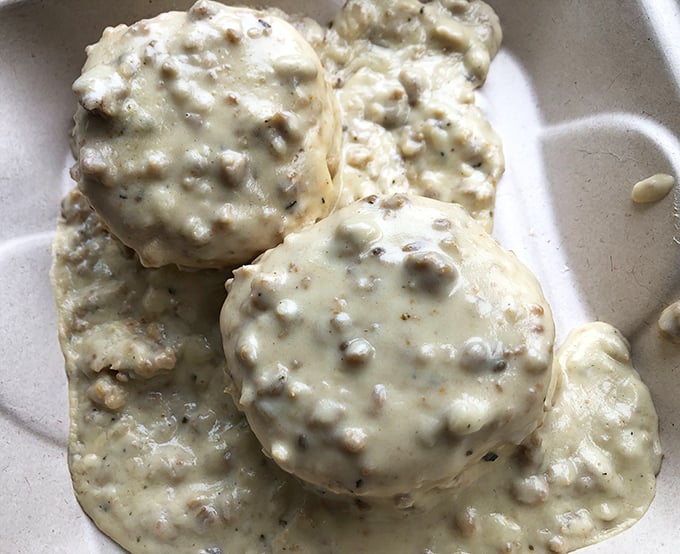 Southern comfort meets San Francisco style in these fluffy biscuits swimming in rich, peppery gravy heaven.