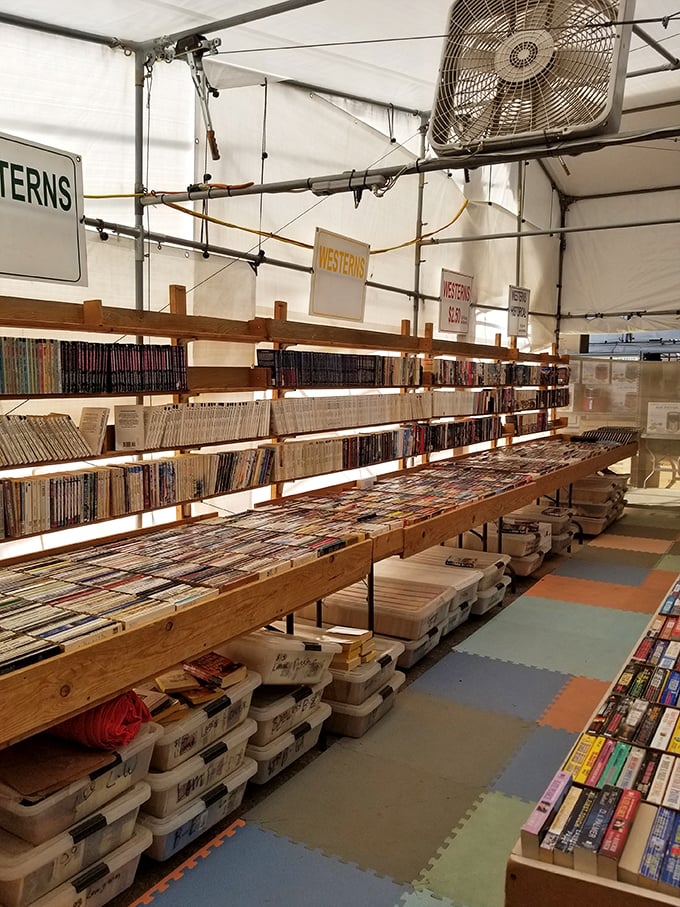 Literary treasures organized by genre – where Western paperbacks wait patiently for snowbirds to discover forgotten favorites from childhood.
