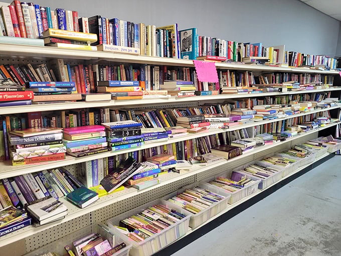 The book section—where literary adventures cost less than a cup of coffee and nobody judges you for buying that guilty pleasure romance novel. 