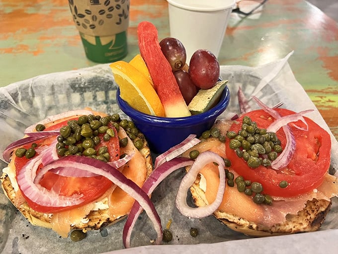 Fresh fruit and bagels with lox showcase the lighter side of breakfast, though "light" is relative when everything looks this good.