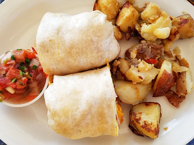 Breakfast burritos: where morning meets fiesta. Those home fries look like they've been tanning on South Beach—perfectly golden and ready for their close-up.