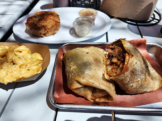 Breakfast meets barbecue in this tortilla-wrapped masterpiece. Mac and cheese on the side because vegetables are what food eats.