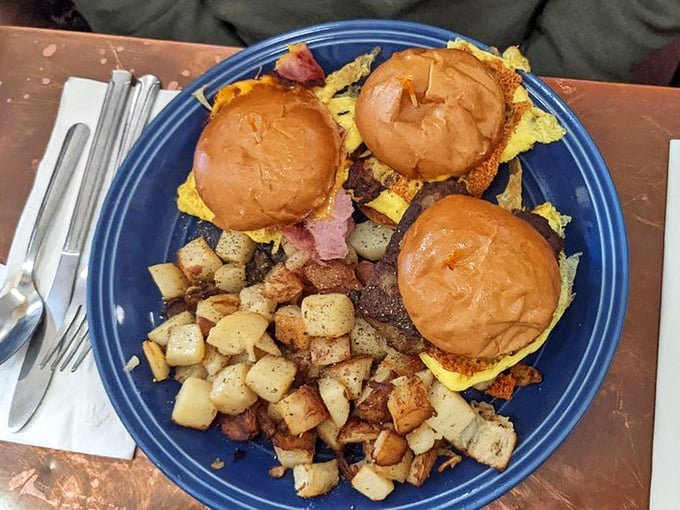 Breakfast sliders that solve the eternal dilemma: "Why choose one breakfast sandwich when you can have three?" Those potatoes aren't just a side—they're co-stars.