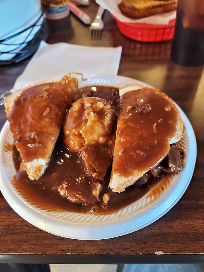 Behold, the Texas trinity: bread, sauce, and brisket in perfect harmony, like a country music trio that actually gets along backstage.