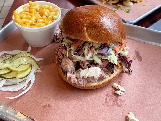 A sandwich that requires jaw-unhinging skills, this mountain of meat topped with fresh slaw demands respect—and extra napkins.