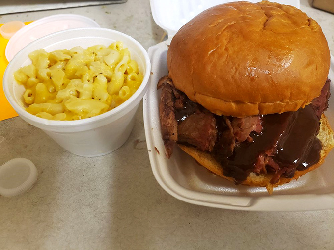 The brisket sandwich—where meat meets bun in holy matrimony. That sauce dripping down the sides isn't a mess, it's a promise.