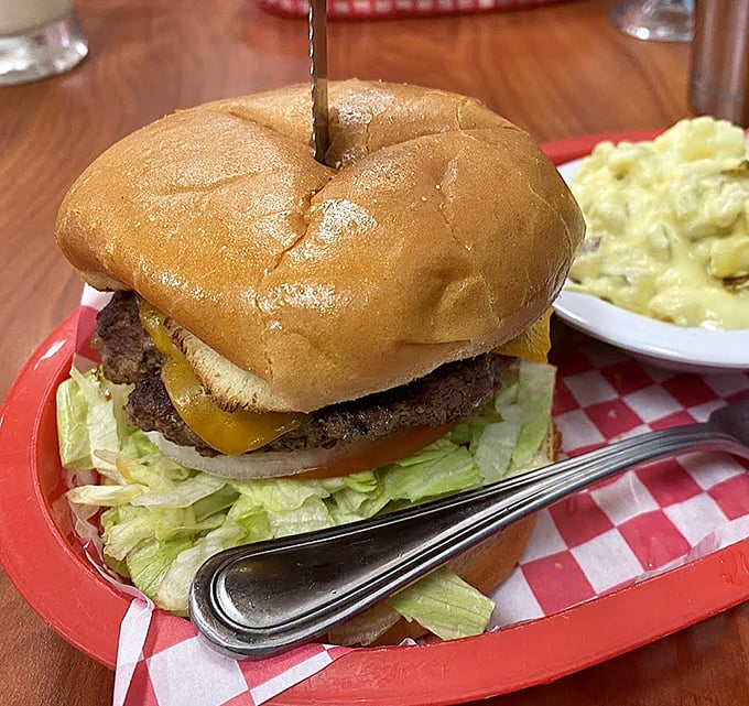 This isn't just a burger—it's a juicy reminder that sometimes the simplest pleasures are stacked between two perfectly toasted buns.