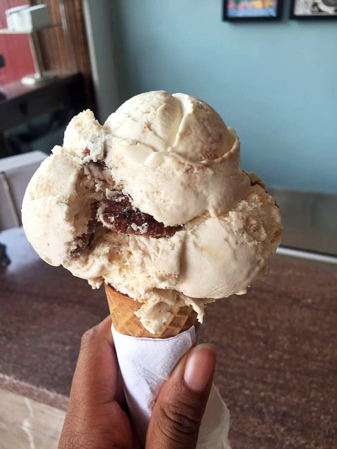 Butter pecan towers like a delicious Jenga game you actually want to topple with your spoon.